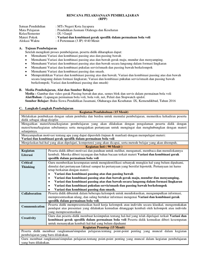 RPP Pjok Kelas 9 - Bola Voli | PDF