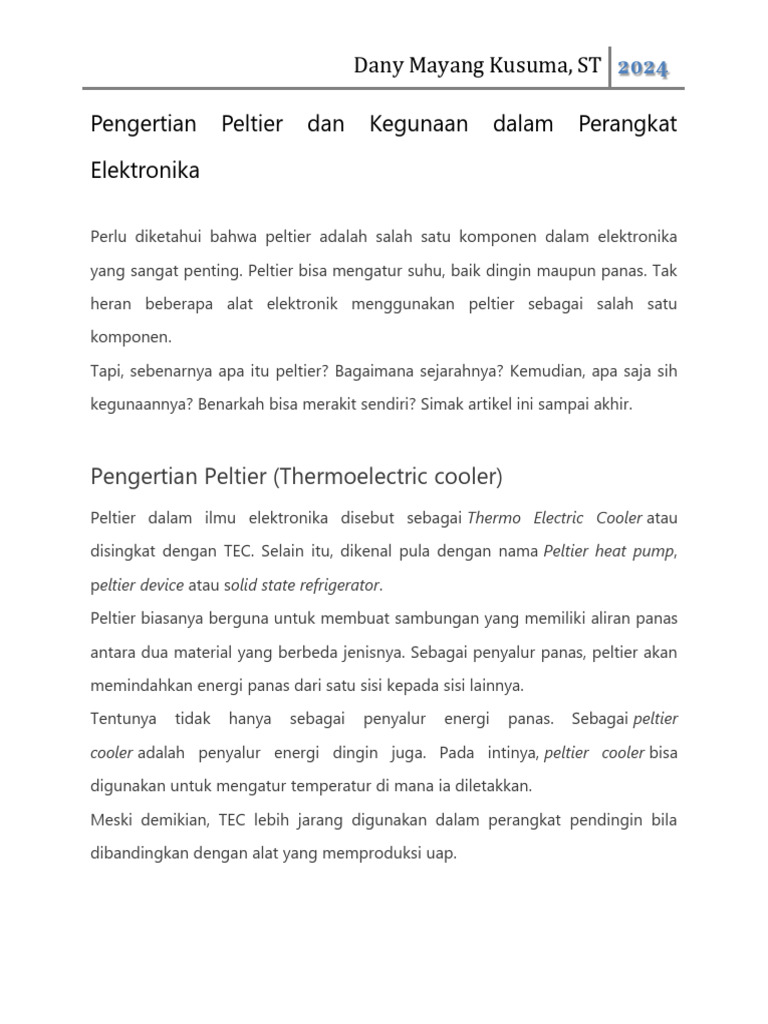 Pengertian Peltier Dan Kegunaan Dalam Perangkat Elektronika | PDF