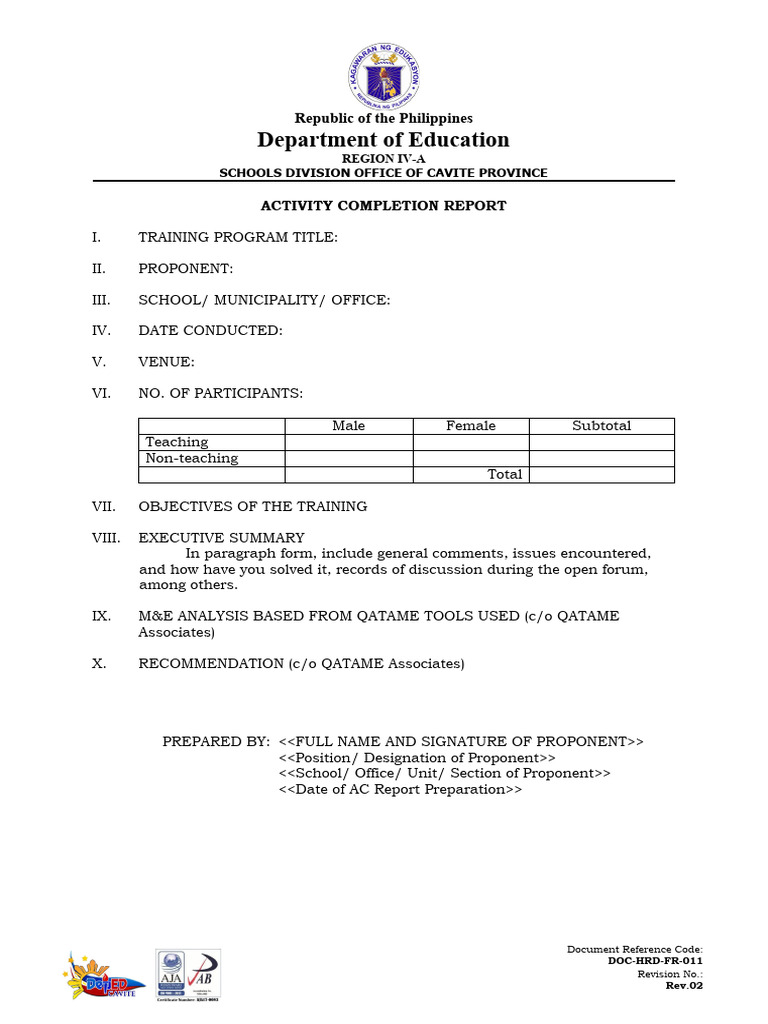 Activity Completion Report Form | PDF