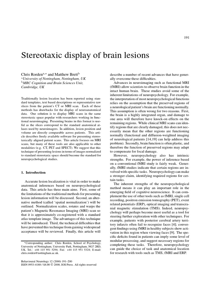 Stereotaxic Display of Brain Lesions: Chris Rorden and Matthew Brett ...