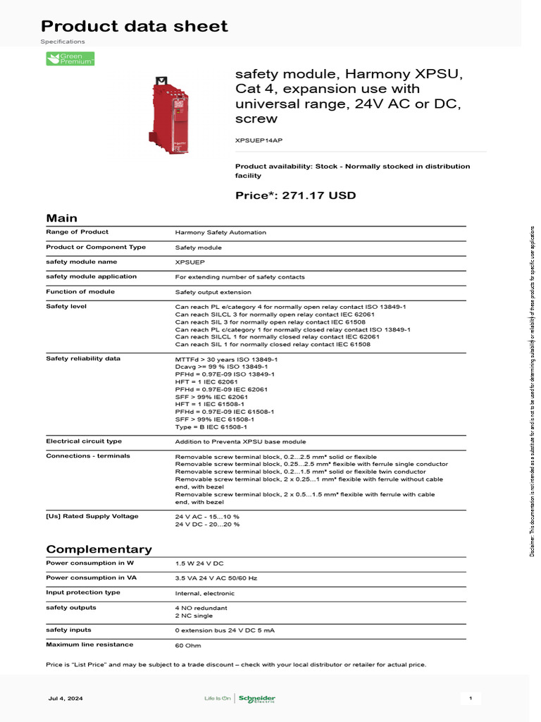 Schneider Electric_Harmony-XPS-Safety-Modules_XPSUEP14AP | PDF | Relay | Switch