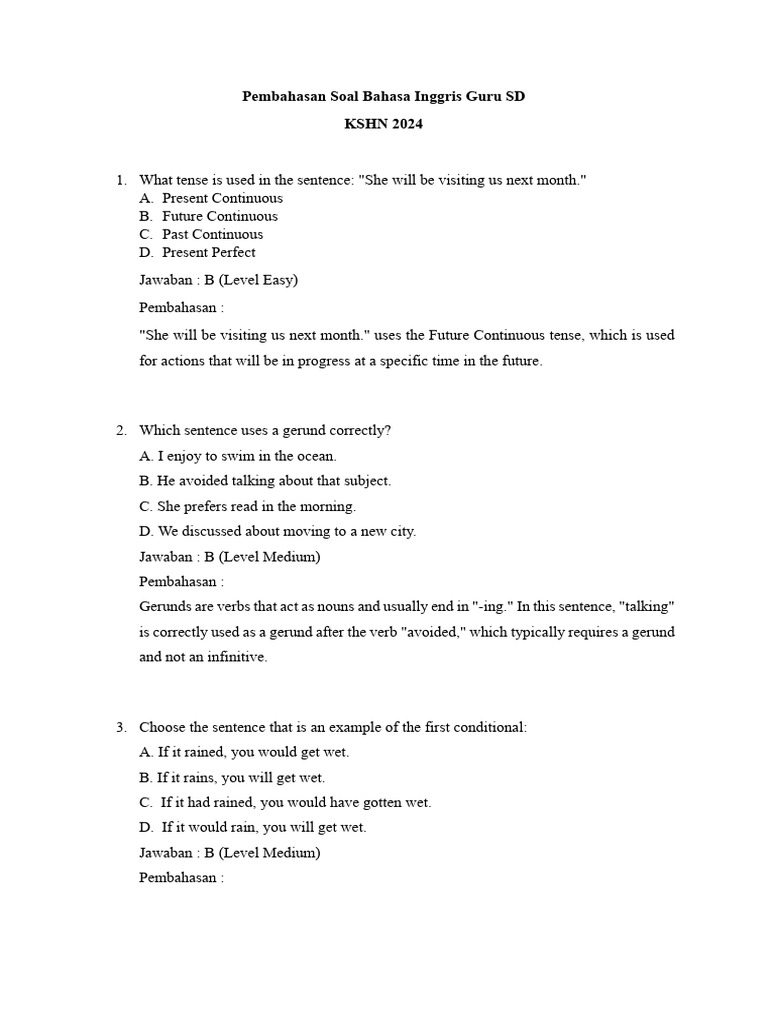 Bahasa Inggris Guru SD - Pembahasan KSHN 2024 | PDF