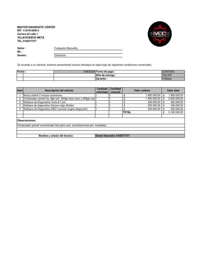 Cotización Taller Mecánico Villavicencio | PDF
