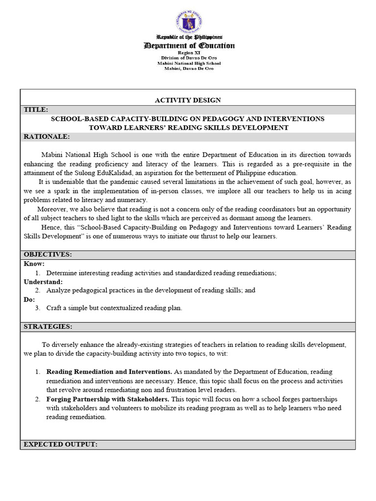 Activity Design_Learning Action Cell on Reading | PDF | Literacy | Pedagogy