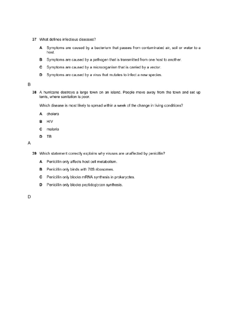 2023-2020 Cambridge Biology Chapter 10 - Infectious Diseases MCQ | PDF
