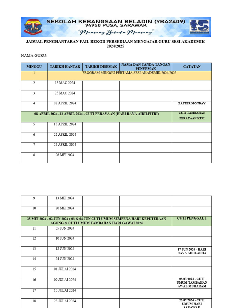 Jadual Penghantaran Fail RPH Sesi Akademik 20242025 Terkini | PDF