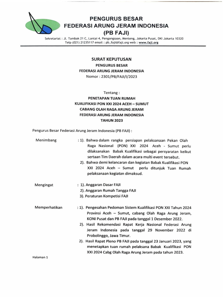 SK Penetapan Tuan Rumah Pra PON | PDF