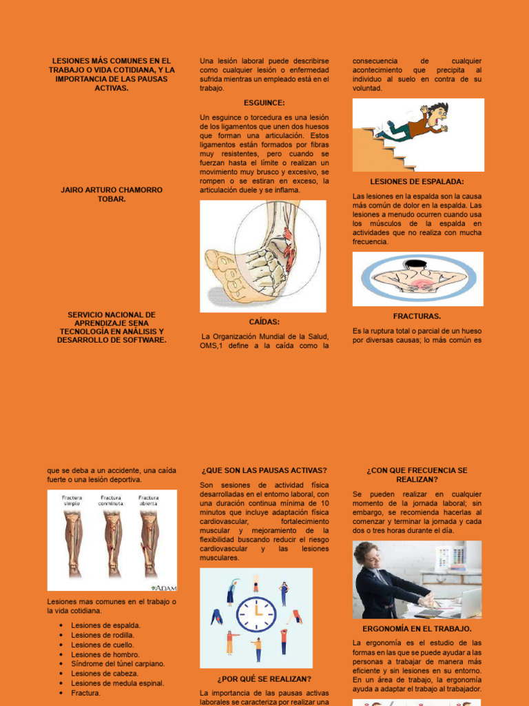 Folleto Lesiones Más Comunes en El Trabajo o Vida Cotidiana y La Importancia de Las Pausas ...