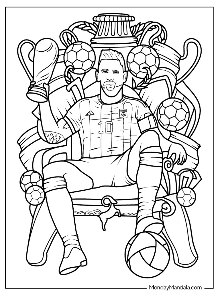 Coloring Page of Lionel Messi On Throne With Trophy | PDF