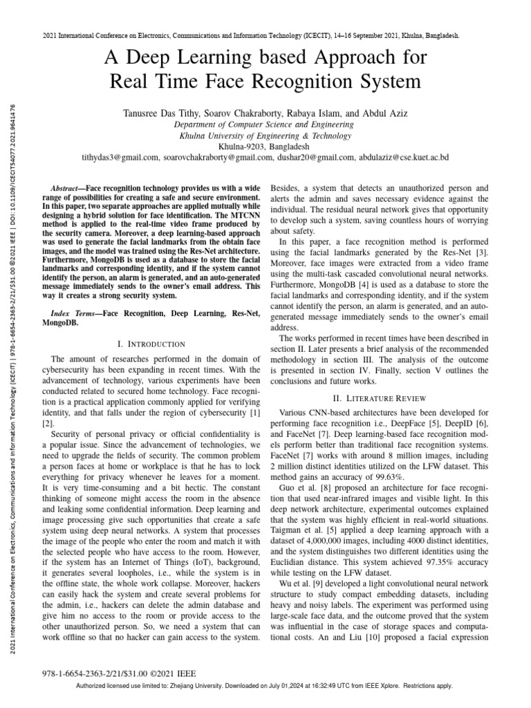 A Deep Learning Based Approach For Real Time Face Recognition System | PDF | Deep Learning ...