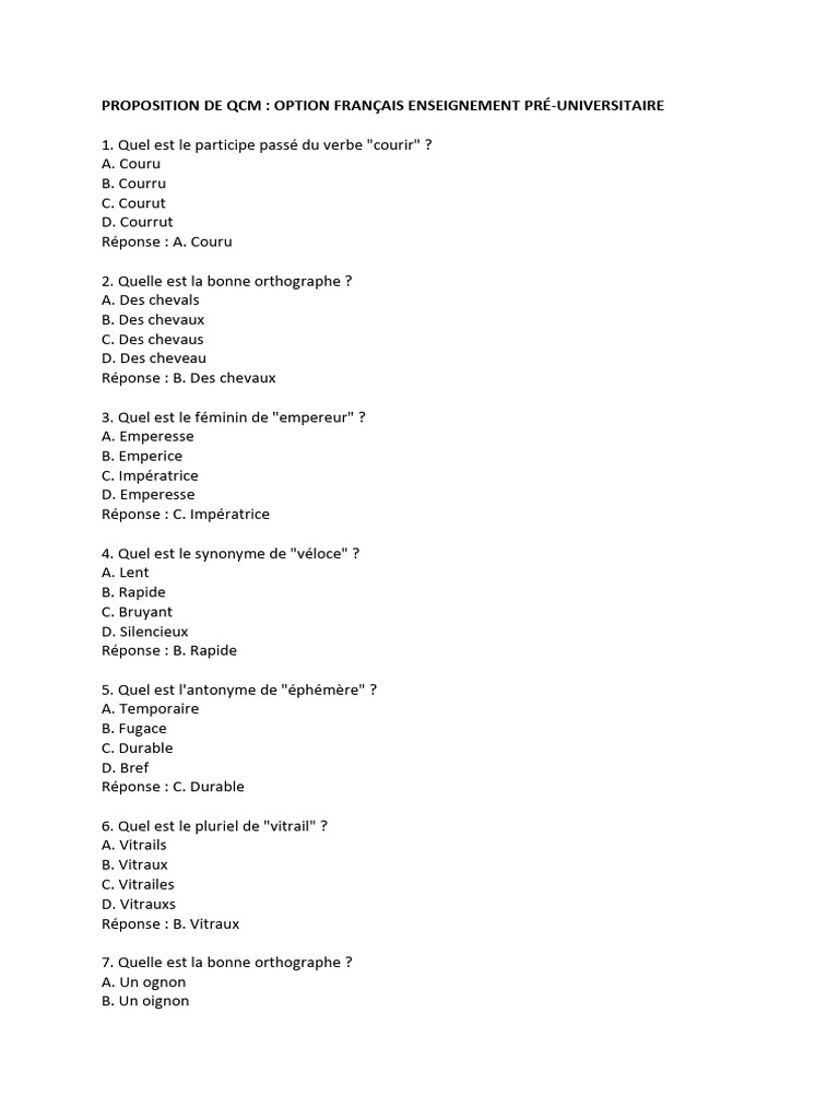 QCM Français : Orthographe et Vocabulaire | PDF | Romans | Métaphore