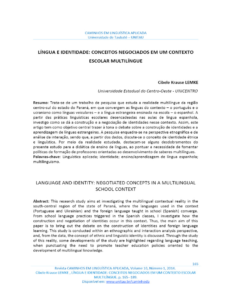 Vista Do LÍNGUA E IDENTIDADE - CONCEITOS NEGOCIADOS EM UM CONTEXTO ...