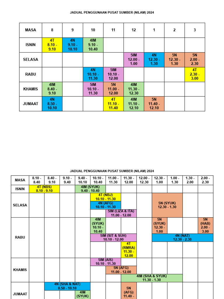 JADUAL PENGGUNAAN PUSAT SUMBER (NILAM) 2024 | PDF