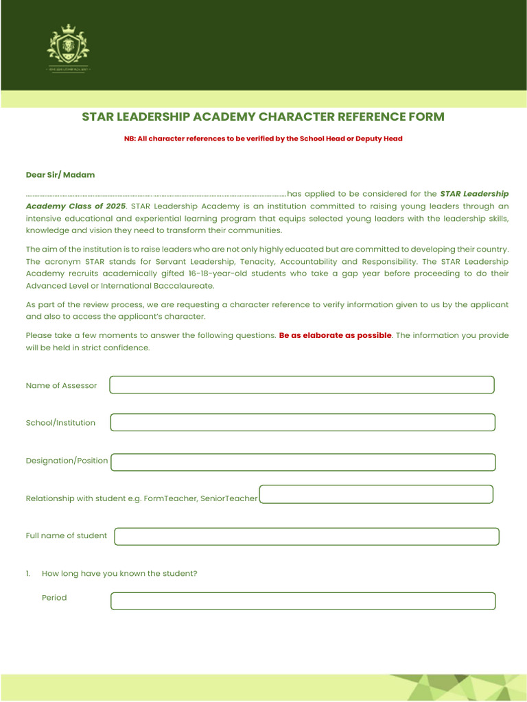 Star Leadership Academy Character Reference Form 2025 | PDF | Leadership | Behavior Modification