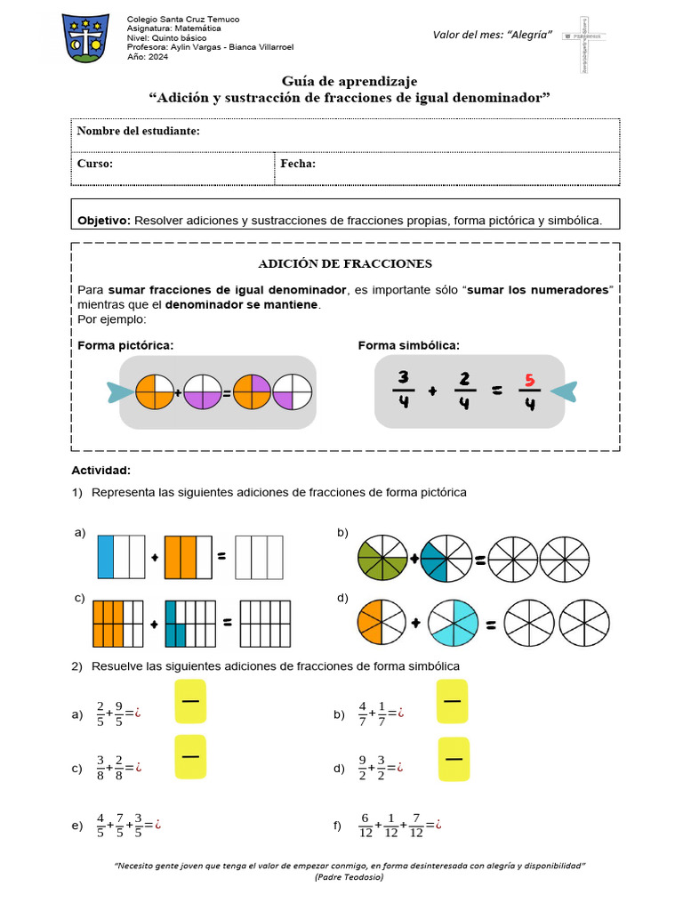 Adicion y Sustraccion de Fracc Iones de Igual Denominador | PDF | Sustracción | Matemáticas