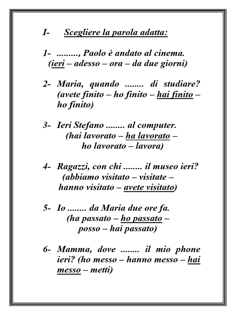 Model Answer Il Passato Prossimo | PDF