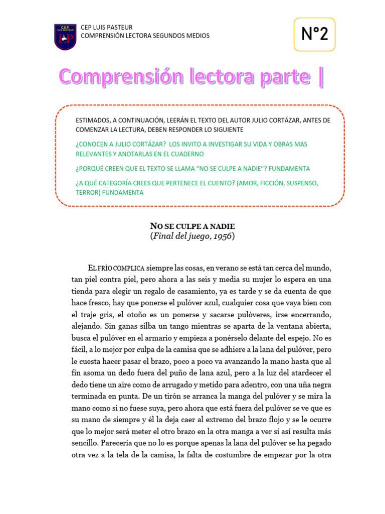Comprensión Lectora: Cortázar en 2° Medio | PDF | Ropa