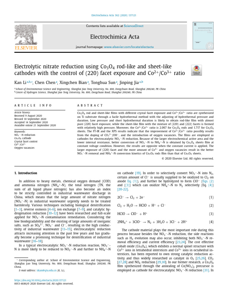 Electrolytic Nitrate Reduction Using Co3O4 Rod-Like and Sheet-Like ...