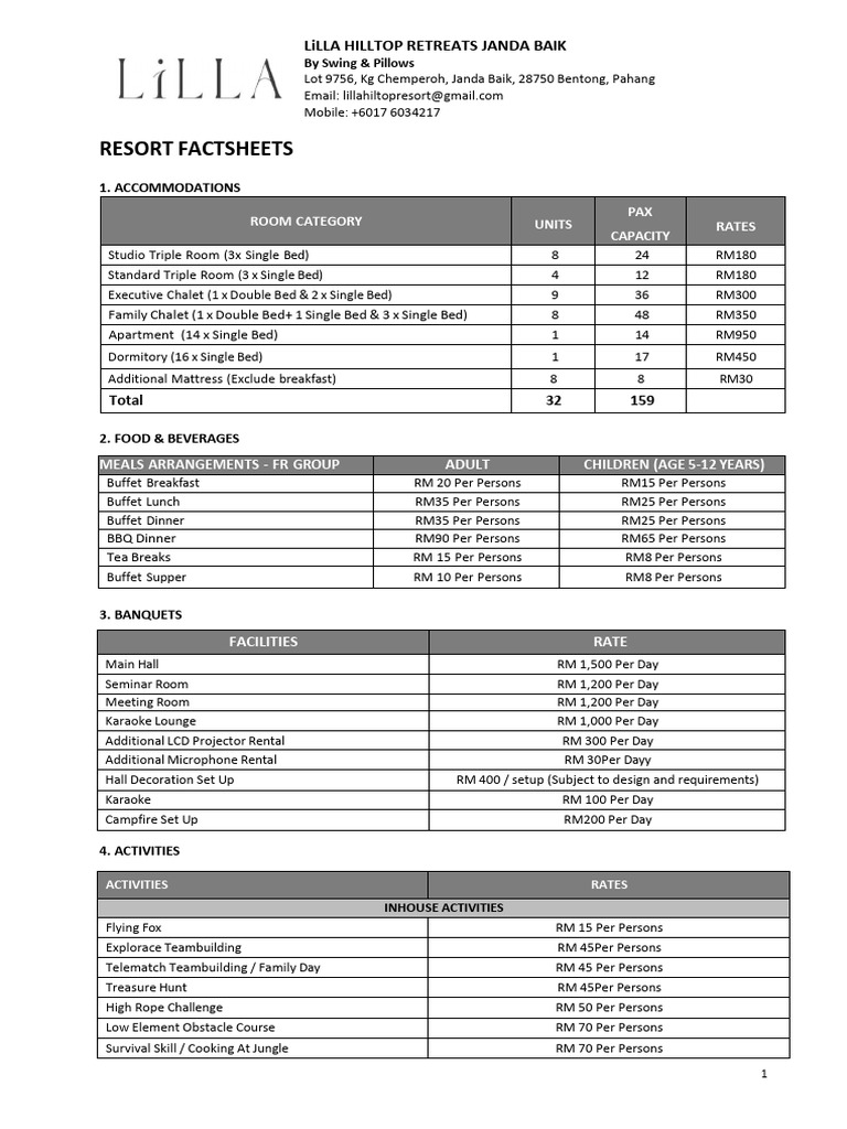 Resort Factsheet, LiLLA Hilltop Retreats Janda Baik RATES | PDF | Meal ...