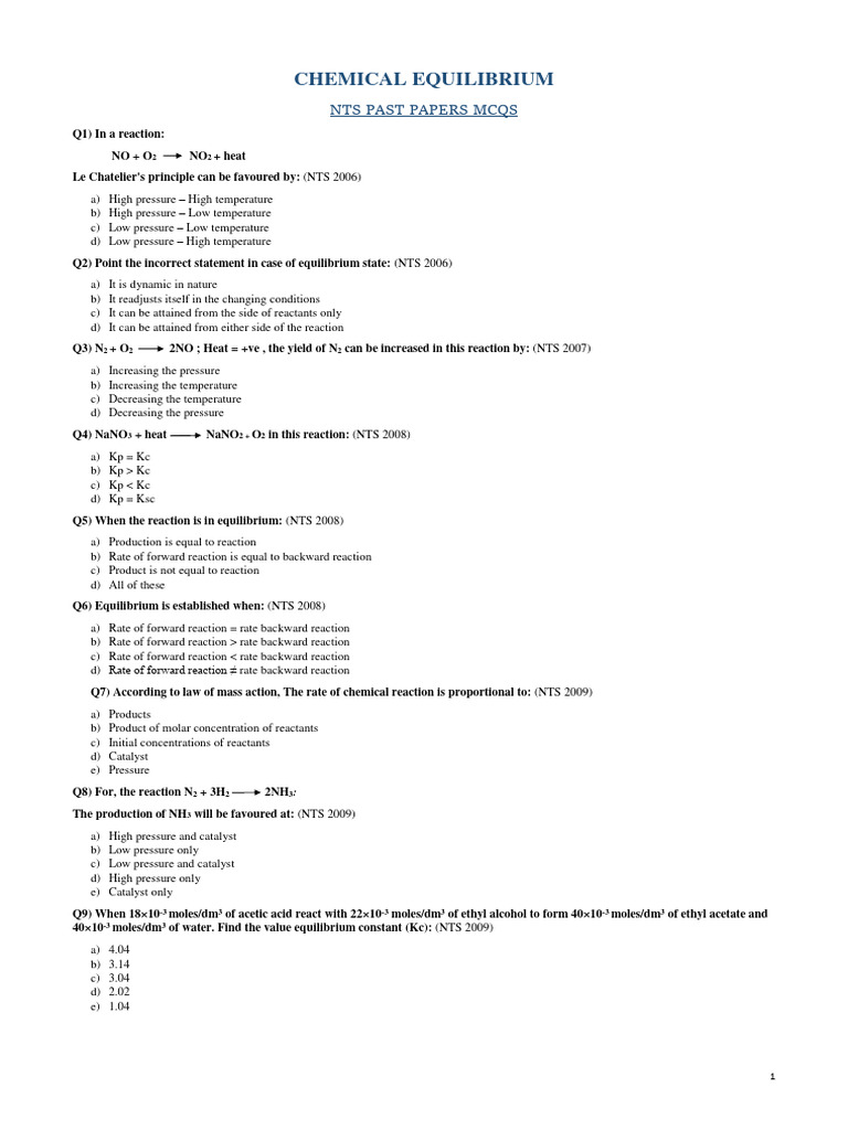 NTS PAST PAPERS MCQS OF CHEMICAL EQUILIBRIUM A3 | PDF | Chemical ...