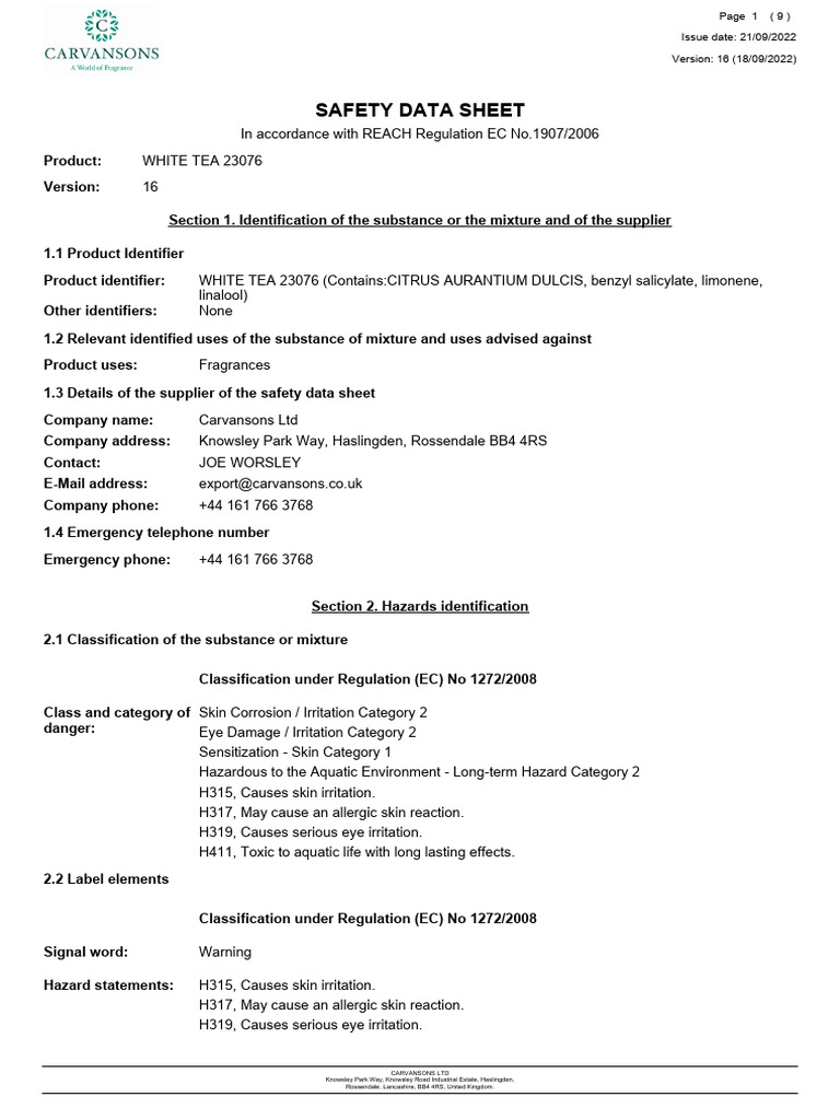 CLP Safety Data Sheet - WHITE TEA 23076 | Download Free PDF | Toxicity ...