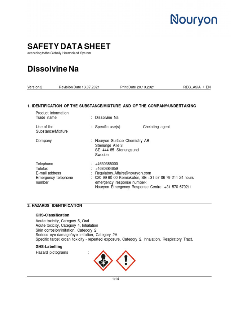 SDS - Dissolvine NA | PDF | Toxicity | Dangerous Goods