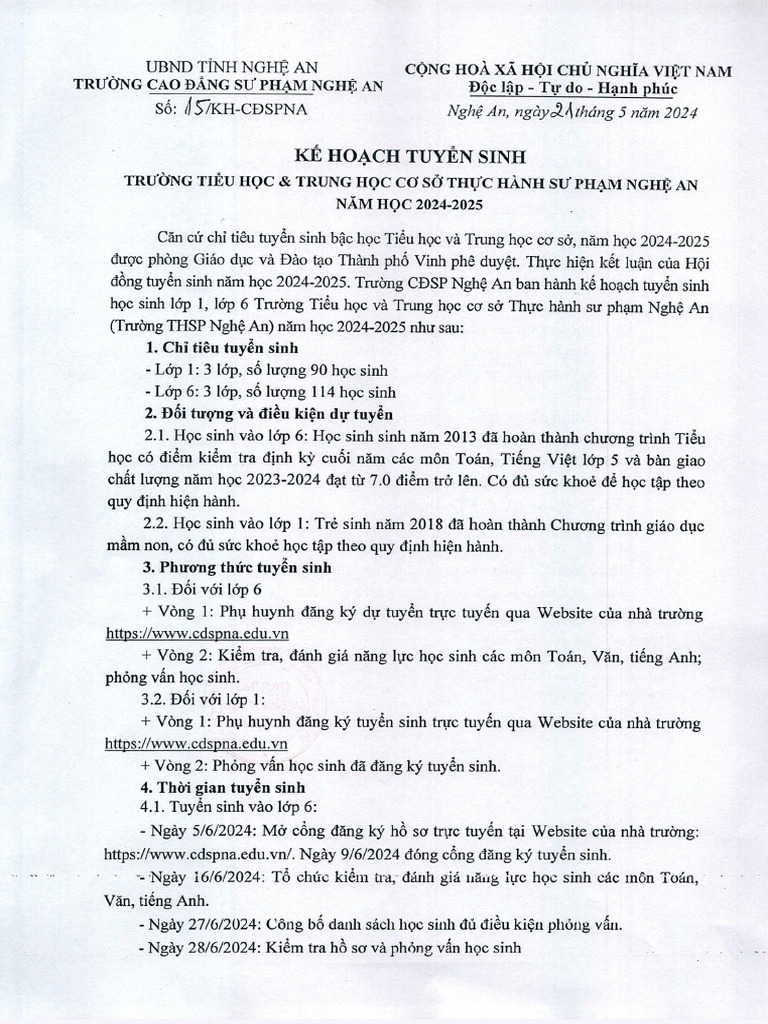 Ke Hoach Tuyen Sinh Truong Tieu Hoc Va Trung Hoc Co So Thuc Hanh Su Pham Nghe An Nam Hoc ...