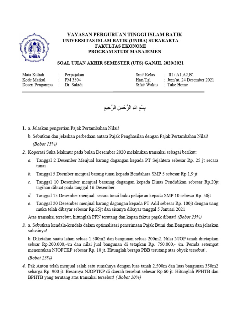 Soal UAS Perpajakan | PDF