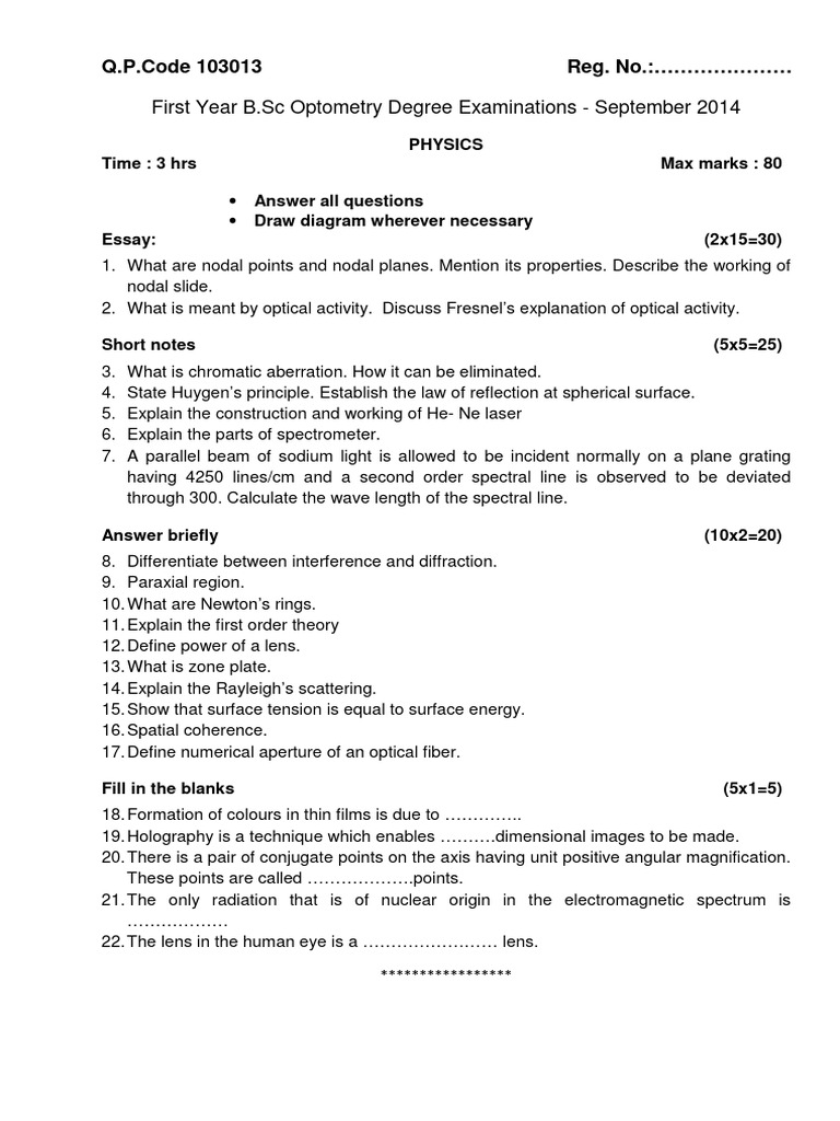 First Year B.SC Optometry Degree Examinations - September 2014 | PDF ...