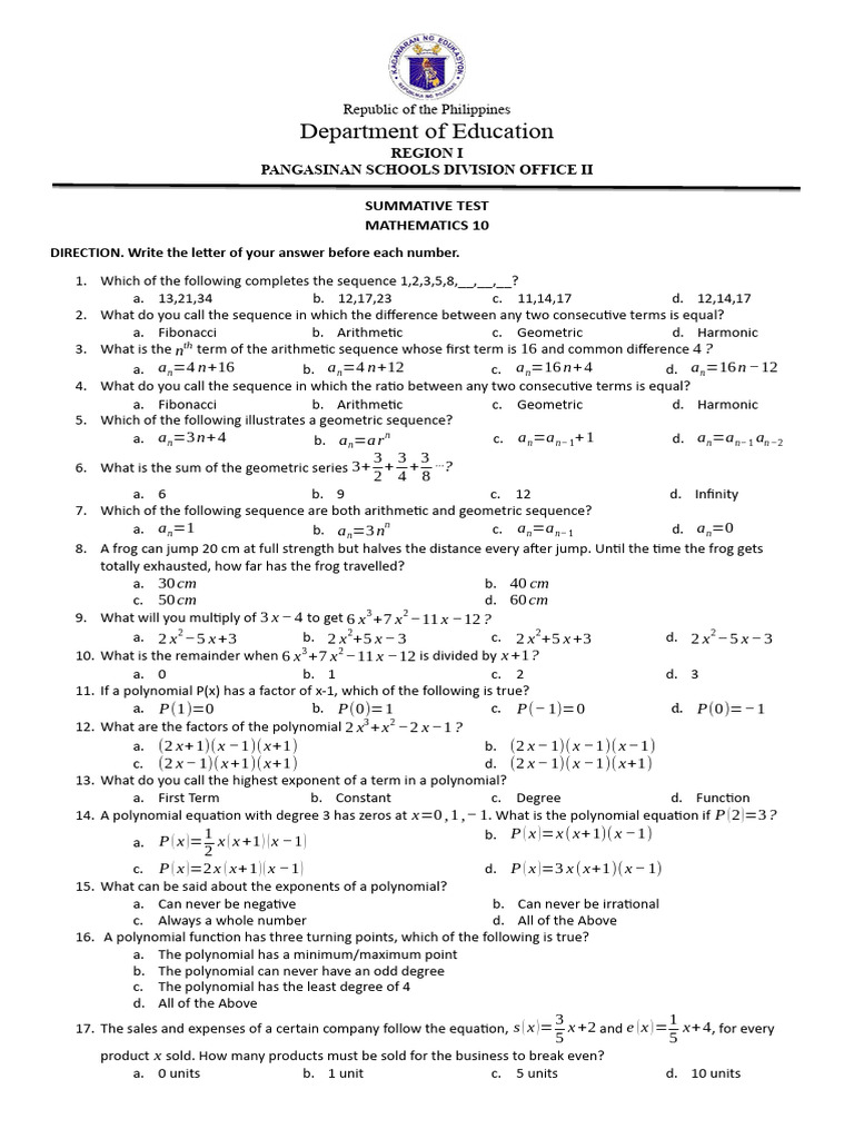 Grade 10 Mathematics Summative Test | PDF | Quantile | Circle