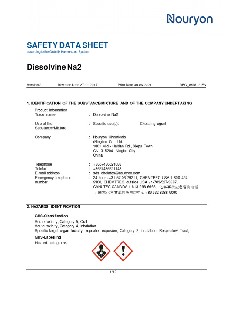 EDTA Dissolvine NA-2 Nouryon MSDS | PDF | Dangerous Goods | Toxicity