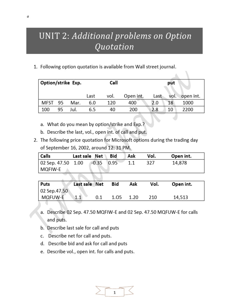 Additional Problems On Option Quotation | PDF | Finance & Money ...