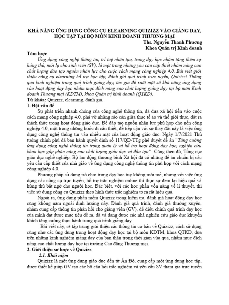 ThanhPhuongL2. Ngày 9.7 - NG D NG Công C Elearning Quizizz T I BM KDTM | PDF