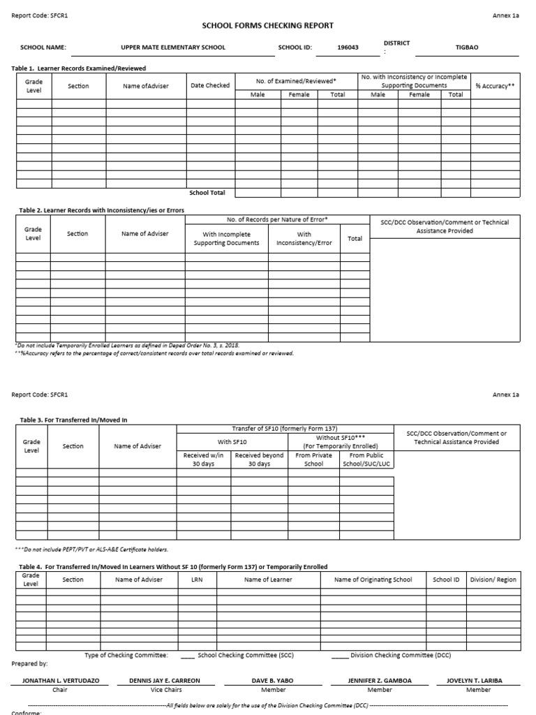 Annex 1a School Forms Checking Report | PDF