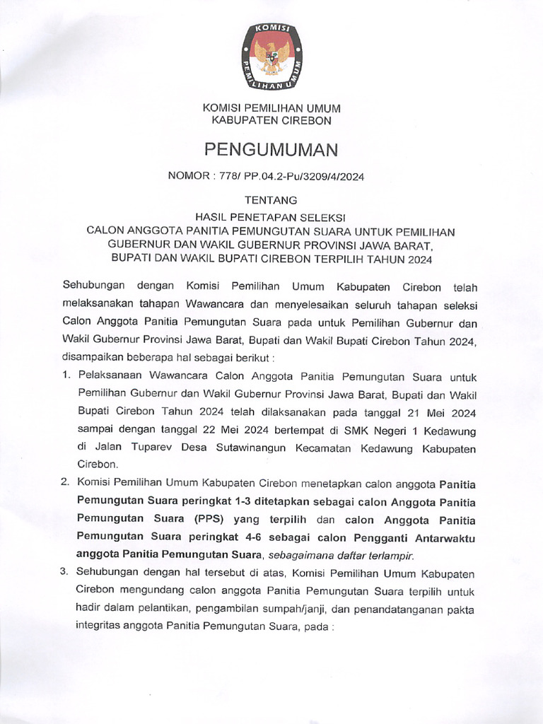 Pengumuman Hasil Penetapan Seleksi Calon Anggota PPS Pilkada 2024 | PDF