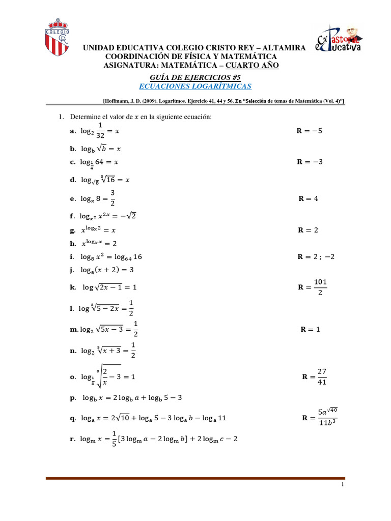 Guía de Ejercicios #5 - Ecuaciones Logarítmicas | PDF | Matemáticas | Objetos matemáticos