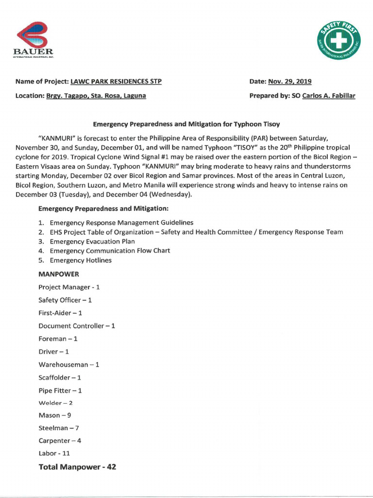 Emergency Preparedness and Mitigation For Typhoon TISOY | PDF