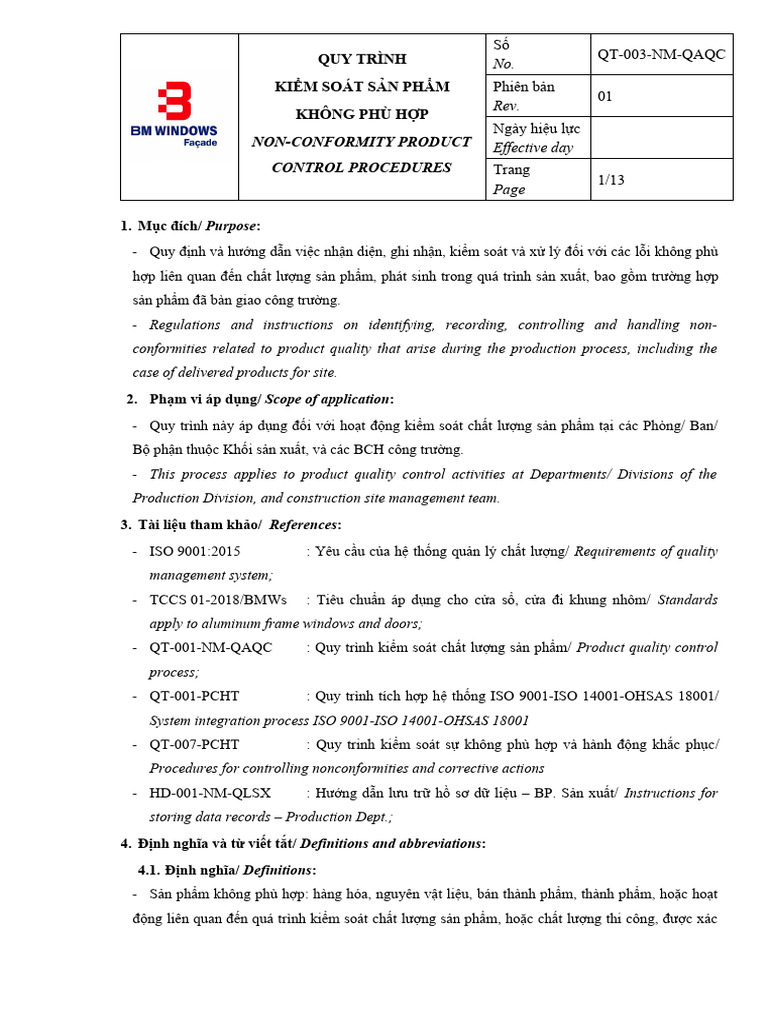 QT-003-NM-QAQC Quy Trinh Kiem Soat San Pham KPH Rev.01 Form M I | PDF