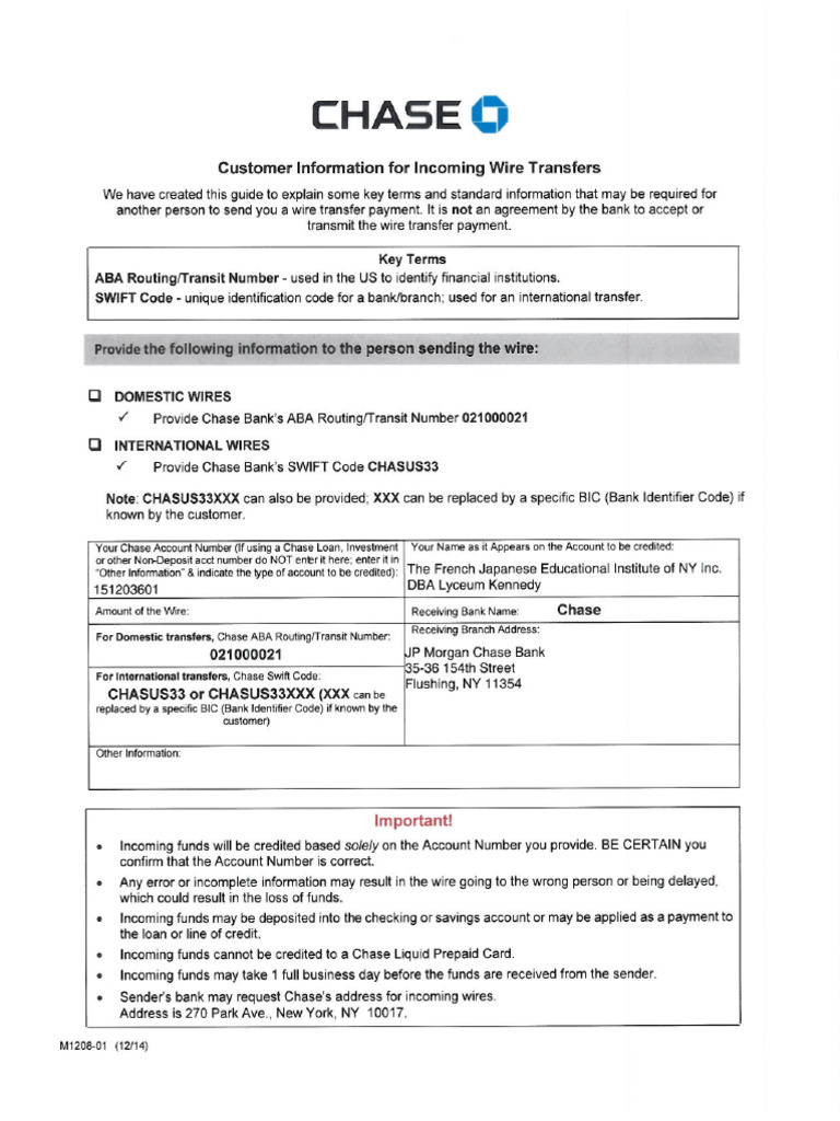 Lyceum Kennedy Wire Instruction Chase Form | PDF