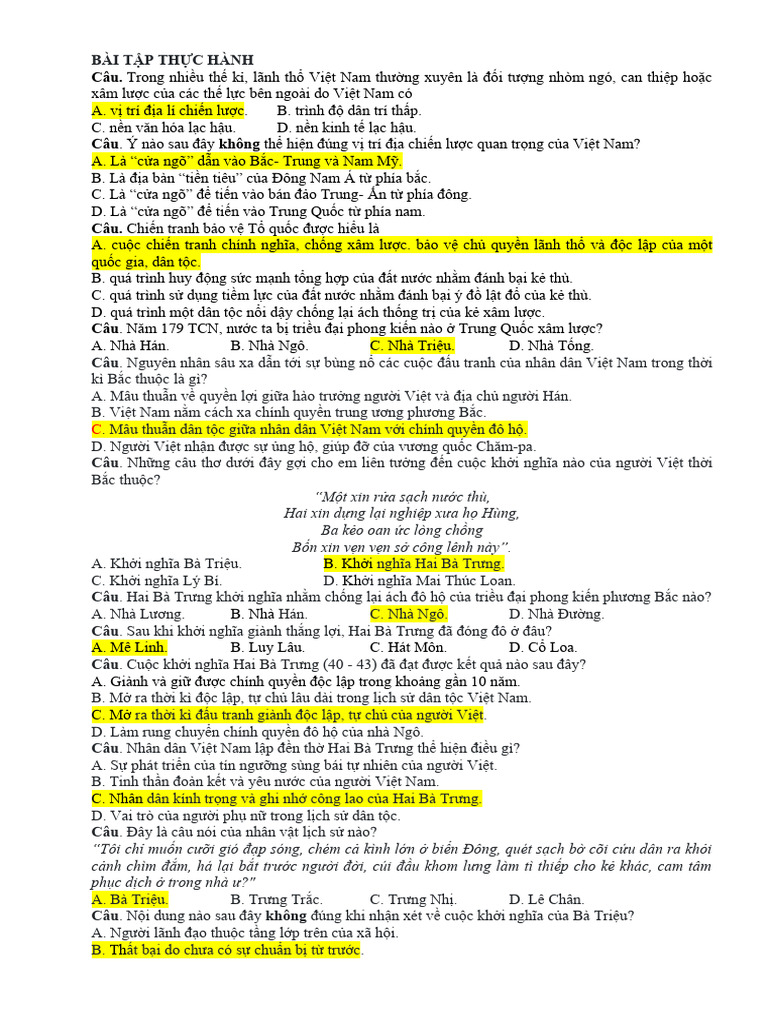 Lịch Sử 11. Hướng Dẫn Bài Tập Thực Hành GHK 2 | PDF