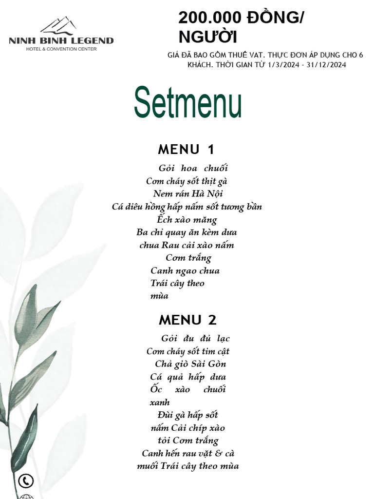 Menu Tour Ăn Trưa 2024 T 200K | PDF