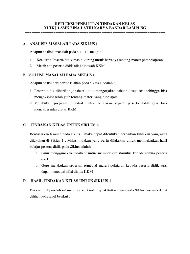 Refleksi Ptk Siklus 1 Pdf