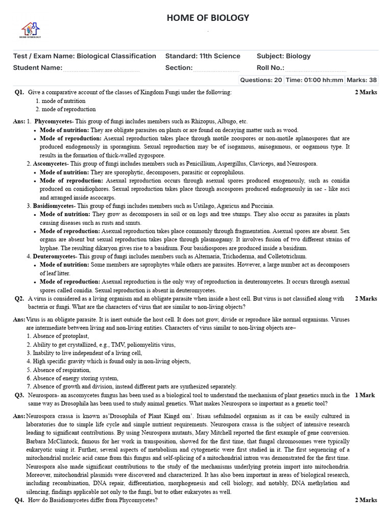 BIOLOGICAL CLASSIFICATION Worksheet Class 11 | PDF | Fungus | Reproduction