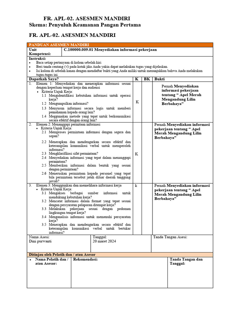 Tugas 3 Dini... Asesmen Mandiri Menyediakan Informasi Pekerjaan | PDF