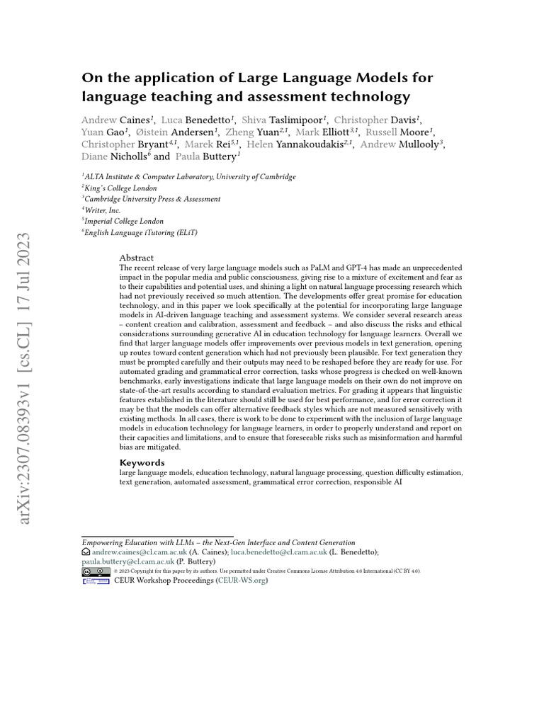 On The Application Of Large Language Models For Language Teaching And Assessment Technology 
