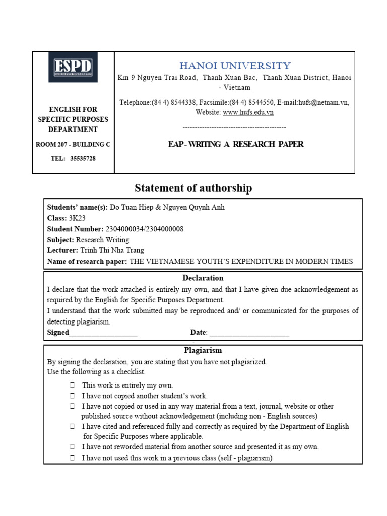 (HANU ESPD) Research Writing | PDF | Expense | Debt