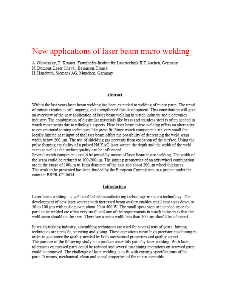 Advances in Micro Laser Welding Techniques | PDF | Welding | Construction