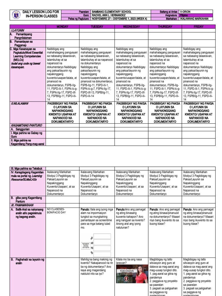 G5 Q2W4 DLL FILIPINO MELCs | PDF