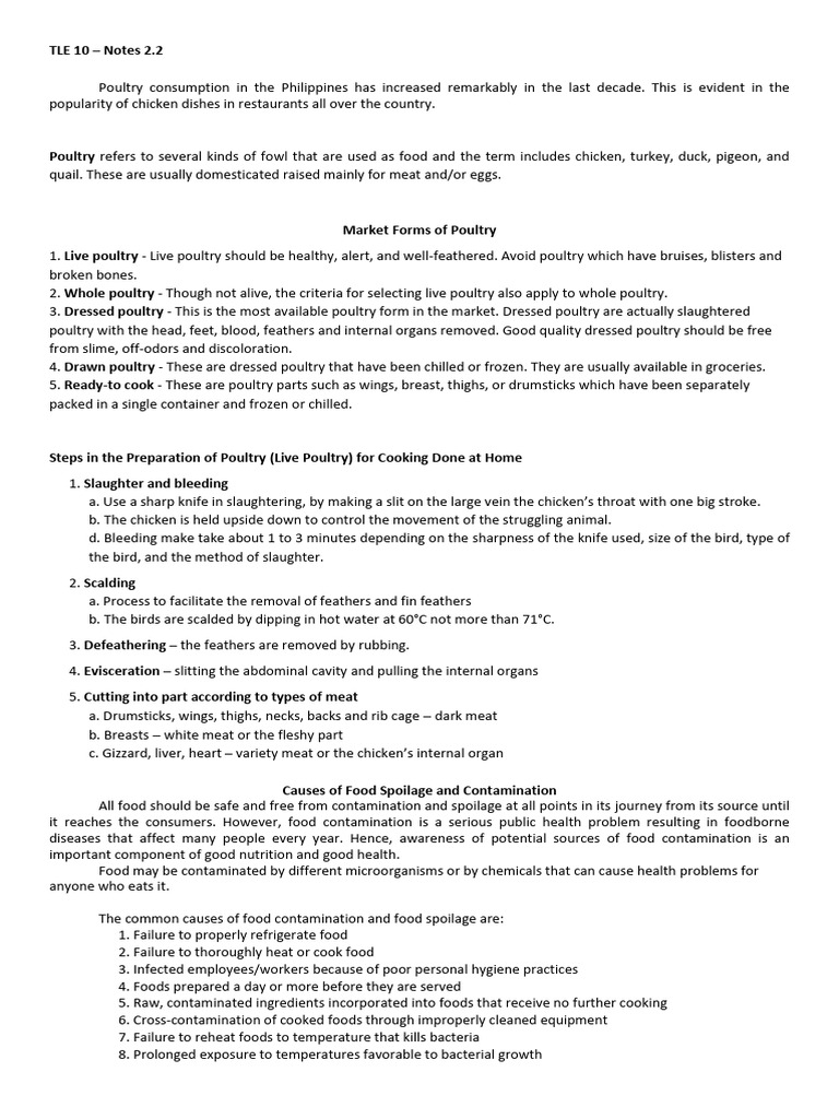 TLE 10 - Notes 2.2 | PDF | Poultry | Meat