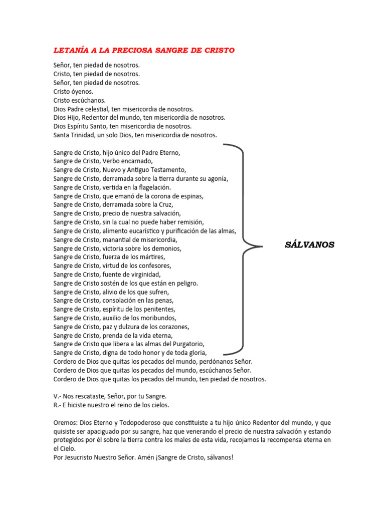 Letanía A La Preciosa Sangre de Cristo | PDF